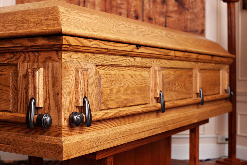 Classic Oak Casket with Swingbar Handles – Northwoods Casket Company